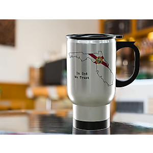 Florida In God We Trust Gifts and Souvenirs - Travel Mug with Handle and Lid - Florida Graduation Unique Drinkware - 14oz Travel Mug Steel - Best USA State Motto & Flag Gifts