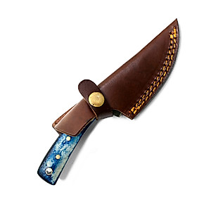 Titan International Knives 7.2" Damascus Hunting Skinning Knife 1095 High Carbon Steel Fixed Blade and Blue Dyed Bone Handle with Leather Sheath Perfect for Survival Camping and Outdoor Activities