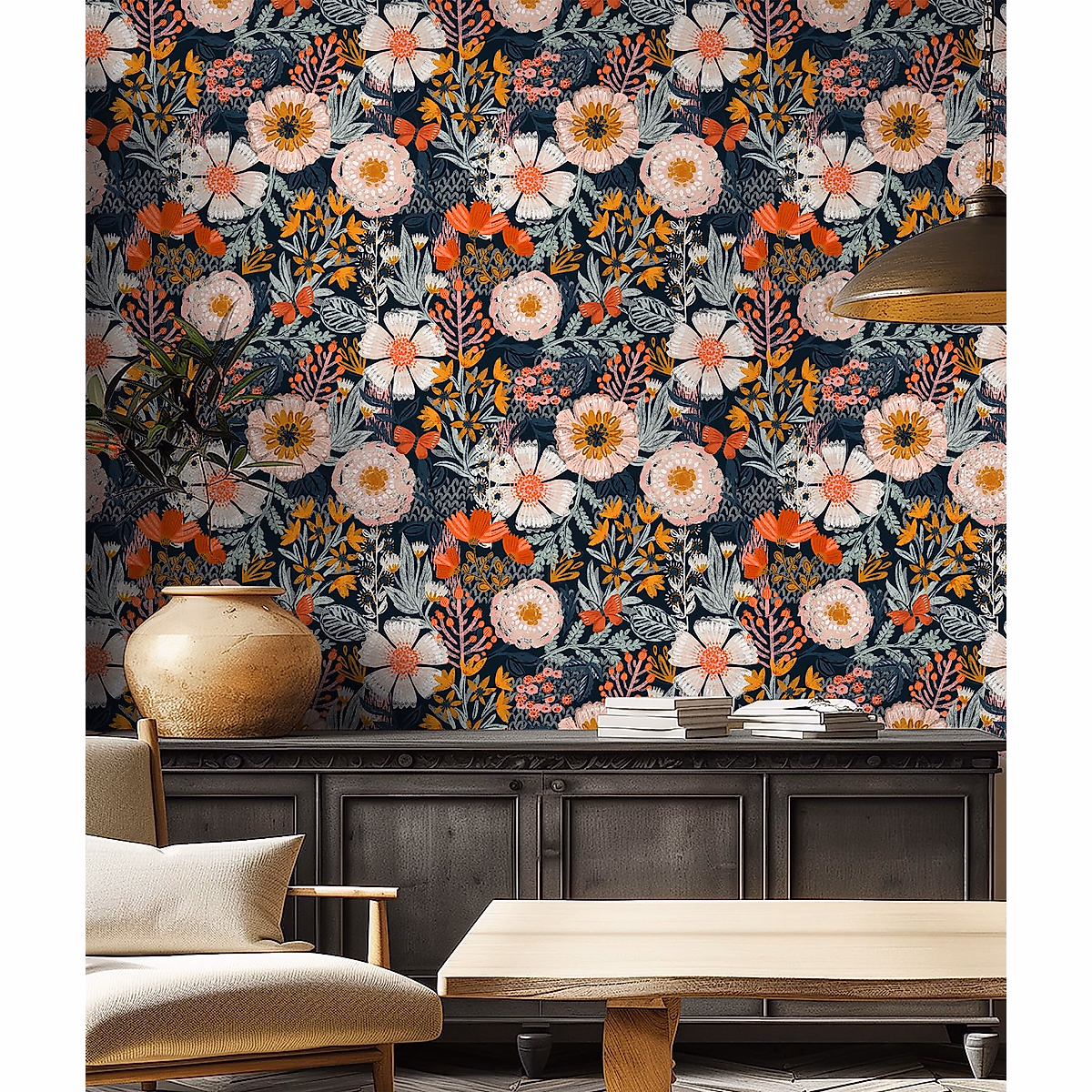 HAOKHOME Boho Peel and Stick Wallpaper Floral Wall Paper Removable for Bedroom Navy/Pink/Orange Contact Paper 17.7in x 9.8ft