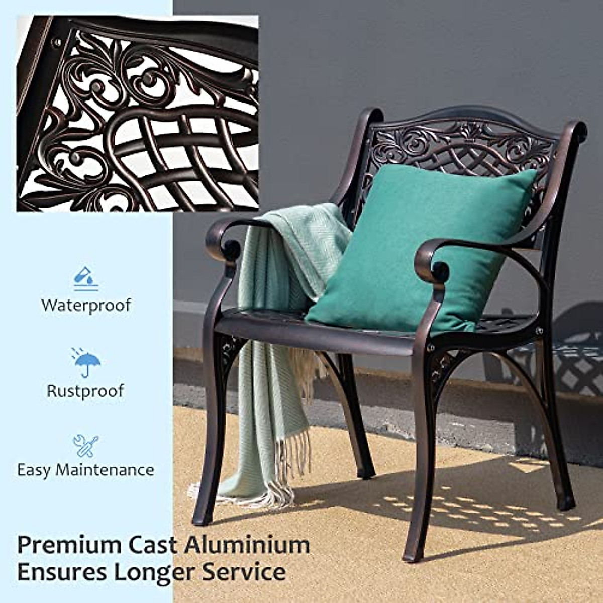 Giantex 2 Pieces Patio Chairs, Cast Aluminum Bistro Chairs with Armrest, All-Weather Patio Dining Chair with Adjustable Feet, Outdoor Armchairs for Garden Deck Backyard Poolside (1)