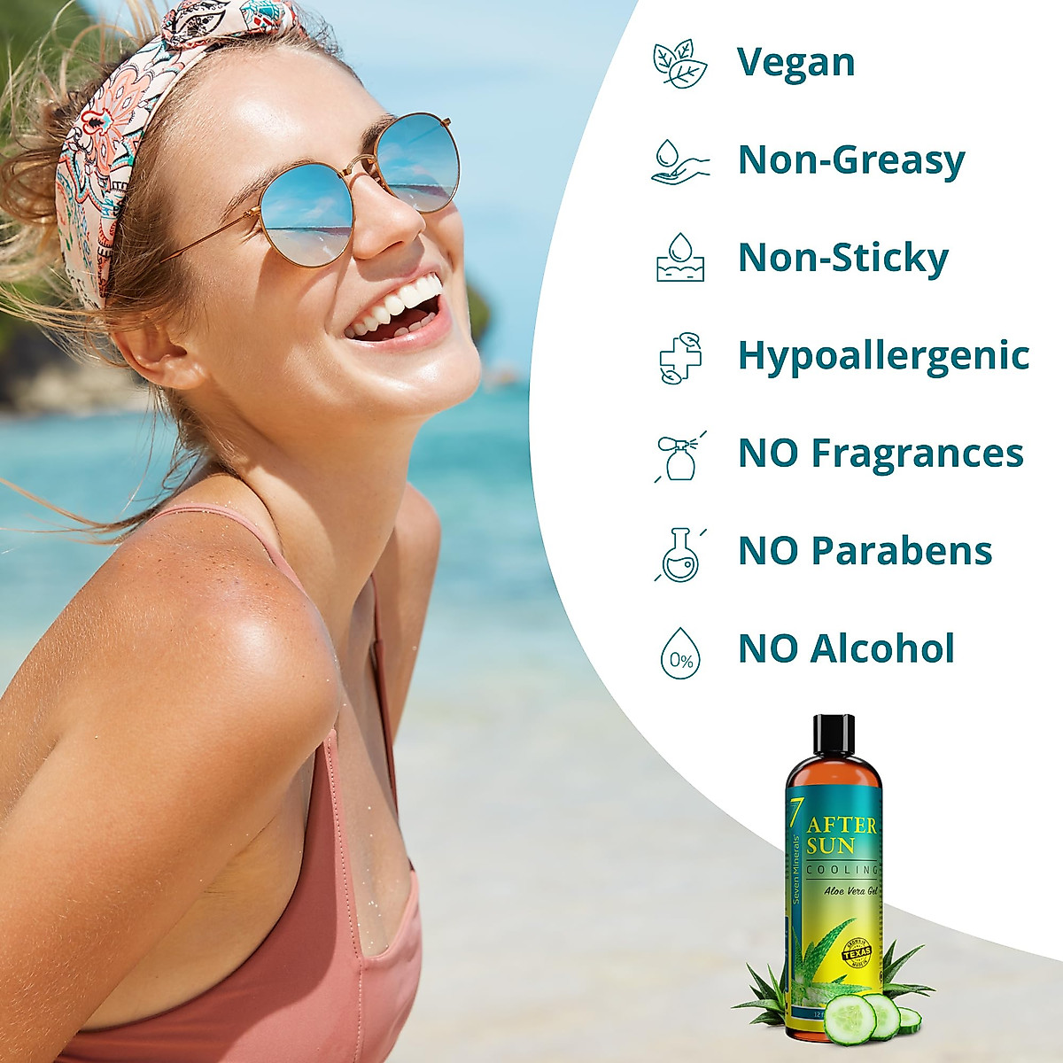 Seven Minerals NEW Cooling After Sun Gel with Aloe Vera - For Skin & Face with Instant Sunburn Relief. Unlike Regular Aftersun Lotion With Cucumber & Vitamin E (12 Fl Oz)