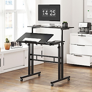 sogesfurniture Standing Desk,Laptop Workstation on Wheels, Adjustable Computer Desk for Standing or Sitting, Black