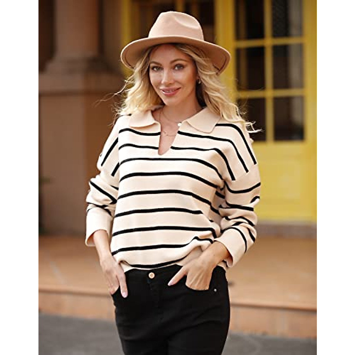 CFLONGE Women's Fall Winter Casual Breton Striped Long Sleeve Polo V Neck Pullover Sweater Loose Fit Drop Shoulder Knitted Shirts Tops(Small,Apricot)