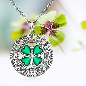 Shamrock Necklace St Patricks Day Necklace Four Leaf Clover Necklace for Women Sterling Silver Celtic Knot Irish Green 4 Leaf Clover Necklaces Jewelry Pendant Lucky Saint Patricks Gifts