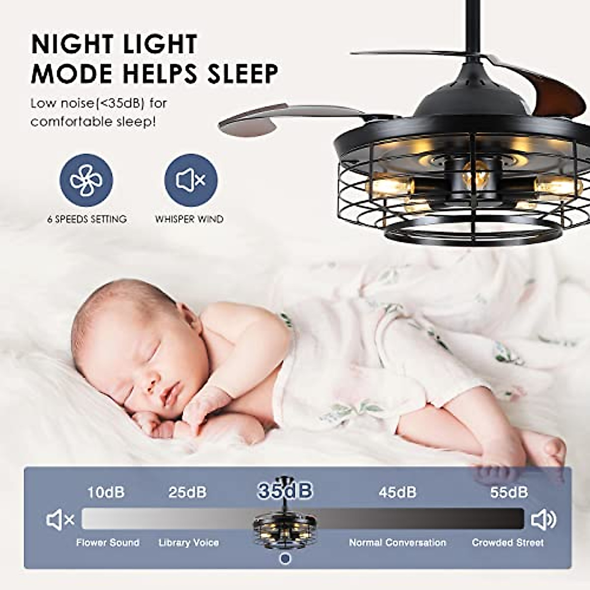 Asyko Retractable Ceiling Fans with Lights and Remote-Caged Farmhouse Ceiling Fan Lights Black, Rustic Industrial Ceiling Fan with Light for Patio Living Room Bedroom（42'' Bulb Included）