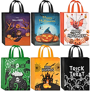 AhfuLife 6 Pcs Halloween Trick or Treat Bags, Large Halloween Tote Bags with Handles, Reusable Halloween Non-Woven Candy Bags for Halloween Party Supplies Favors (15''×11.8''×3.9’’)