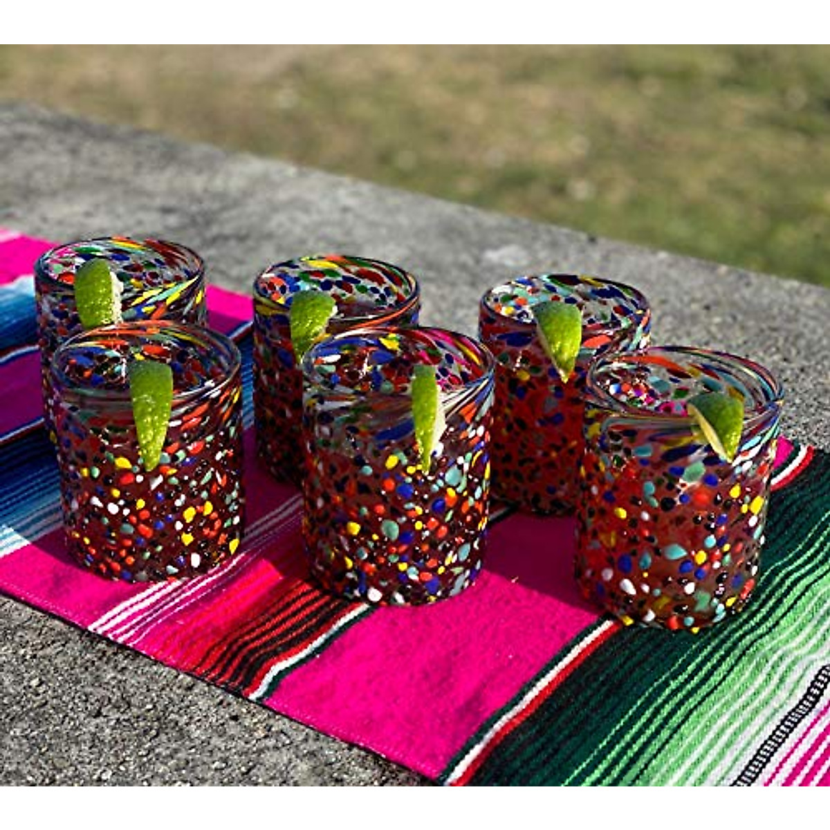 Hand Blown Mexican Drinking Glasses – Set of 6 Confetti Rock Tumbler Glasses (10 oz each)