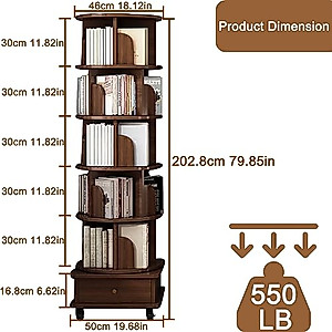 MMV 5 Tier Rotating Bookshelf, 360° Display Bookcase with Cabinet, Mobile Bookshelf with Wheels, 79" Tall Bookcase for Narrow Space, Spinning Wood Bookshelf Tower for Home Office, Study Room, Walnut