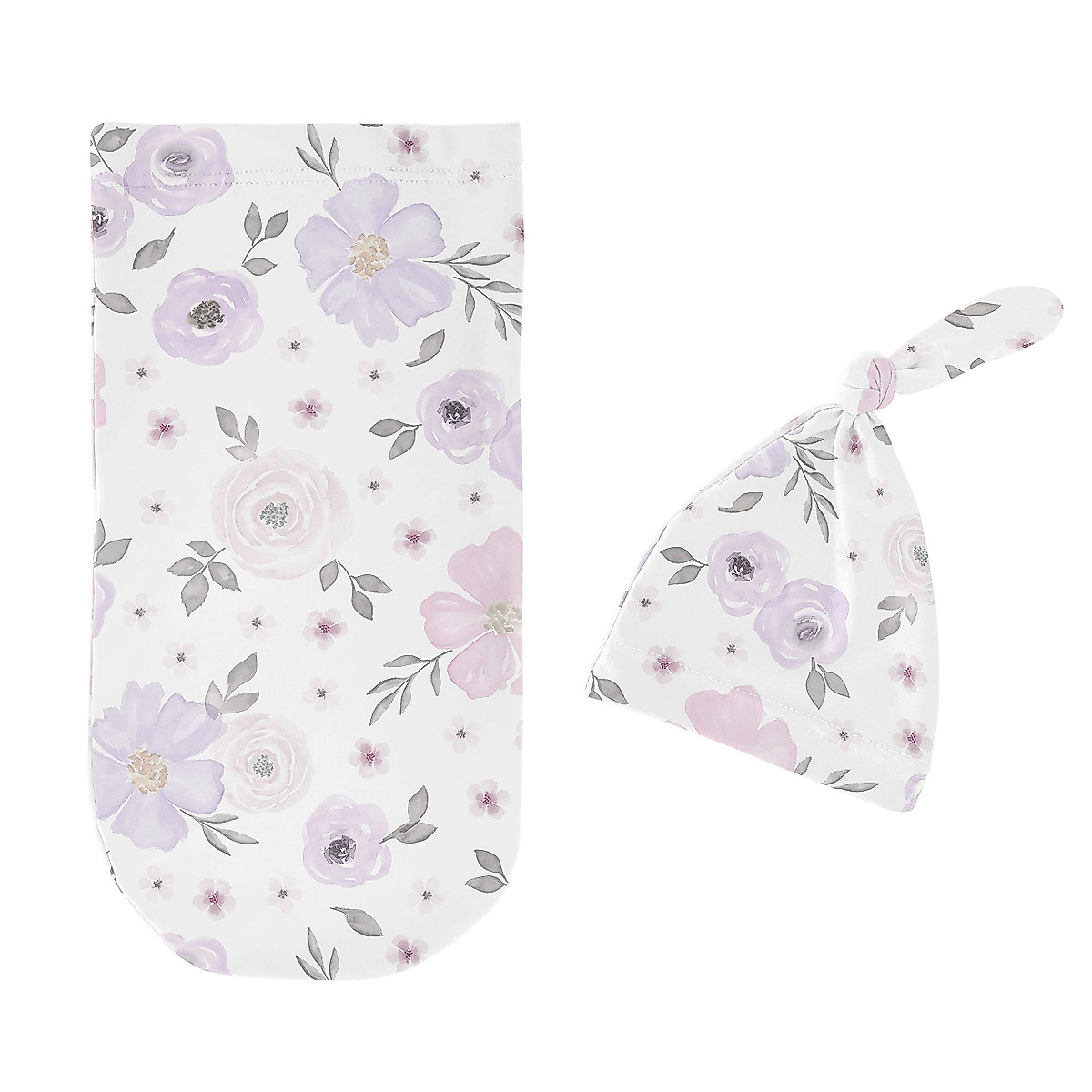 Sweet Jojo Designs Watercolor Floral Baby Girl Cocoon and Beanie Hat 2pc Set Jersey Stretch Knit Sleeping Bag for Infant Newborn Nursery Sleep Wrap Sack - Lavender Purple Pink Grey Shabby Chic Flower