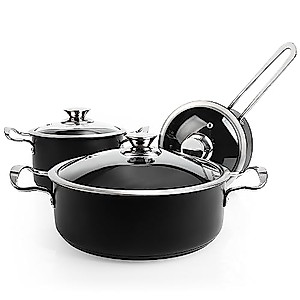 Stainless Steel Cookware Set, Black 6-Piece Pot Set, Kitchen Cookware Sets with Glass Lids, Stay-Cool Handle, Oven Safe, Works with Induction, Electric and Gas Cooktops