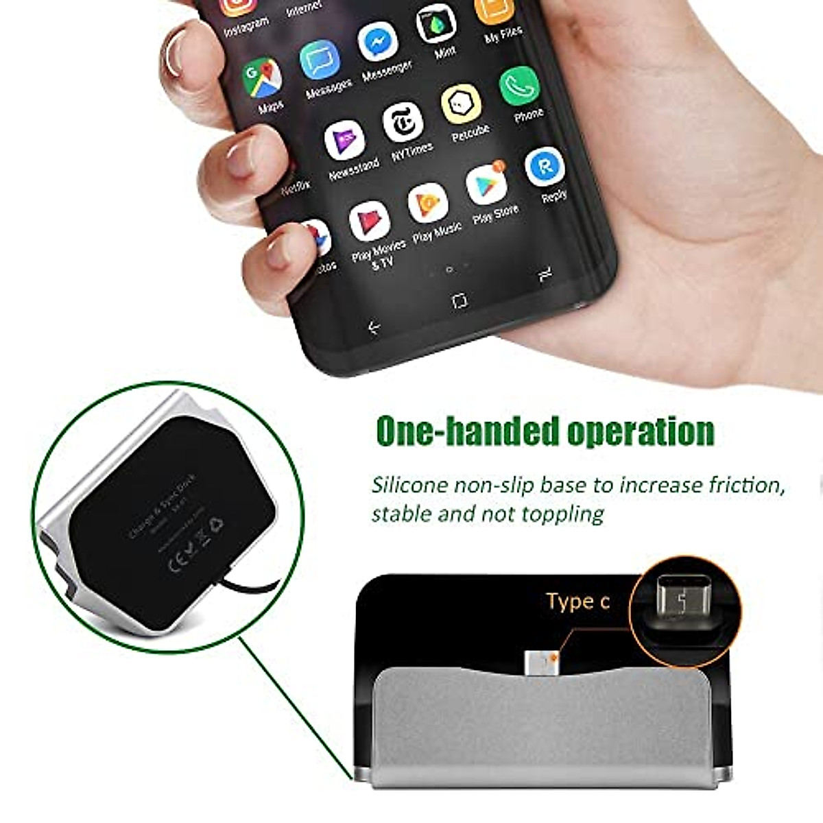 USB C Fast Charger Dock Station, AKwor Charging Desktop for Samsung Galaxy S8, Note8, LG G5 G6 V20, HTC 10, Microsoft Lumia 950 XL, Google Pixel, OnePlus 5-Silver