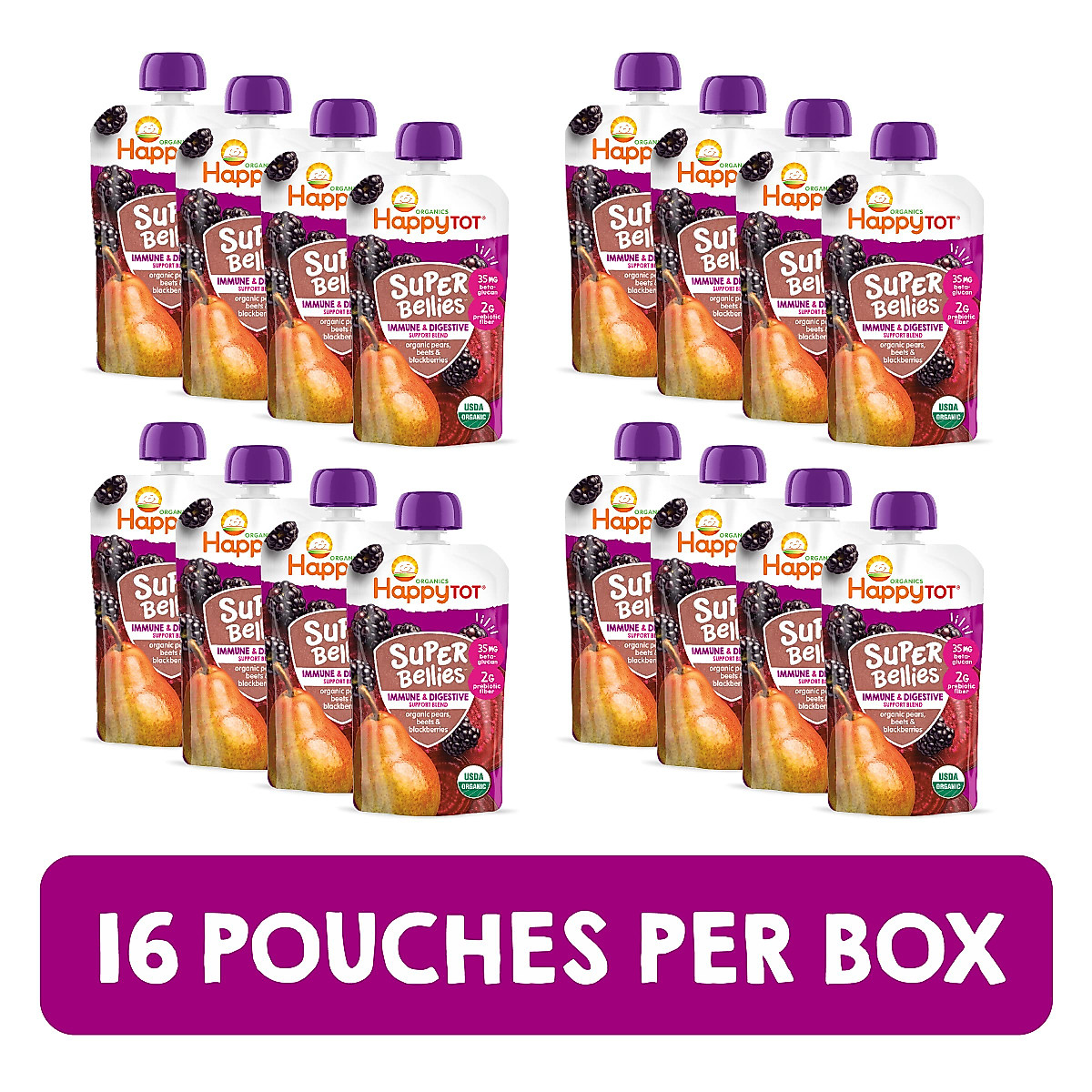 Happy Tot Organics Stage 4 Baby Food Pouches, Gluten Free, Vegan Snack, Super Bellies, Fruit & Veggie Puree, Pears, Beets & Blackberries 4 Ounce (Pack of 16)