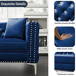 Fulocseny 2 Piece Modern Velvet Upholstered Living Room Sofa Set with 3-Seater Sofa and Loveseat, Jeweled Button Tufted Copper Nails Square Arms, 4 Pillows Included,5 Seater (Blue + Velvet)