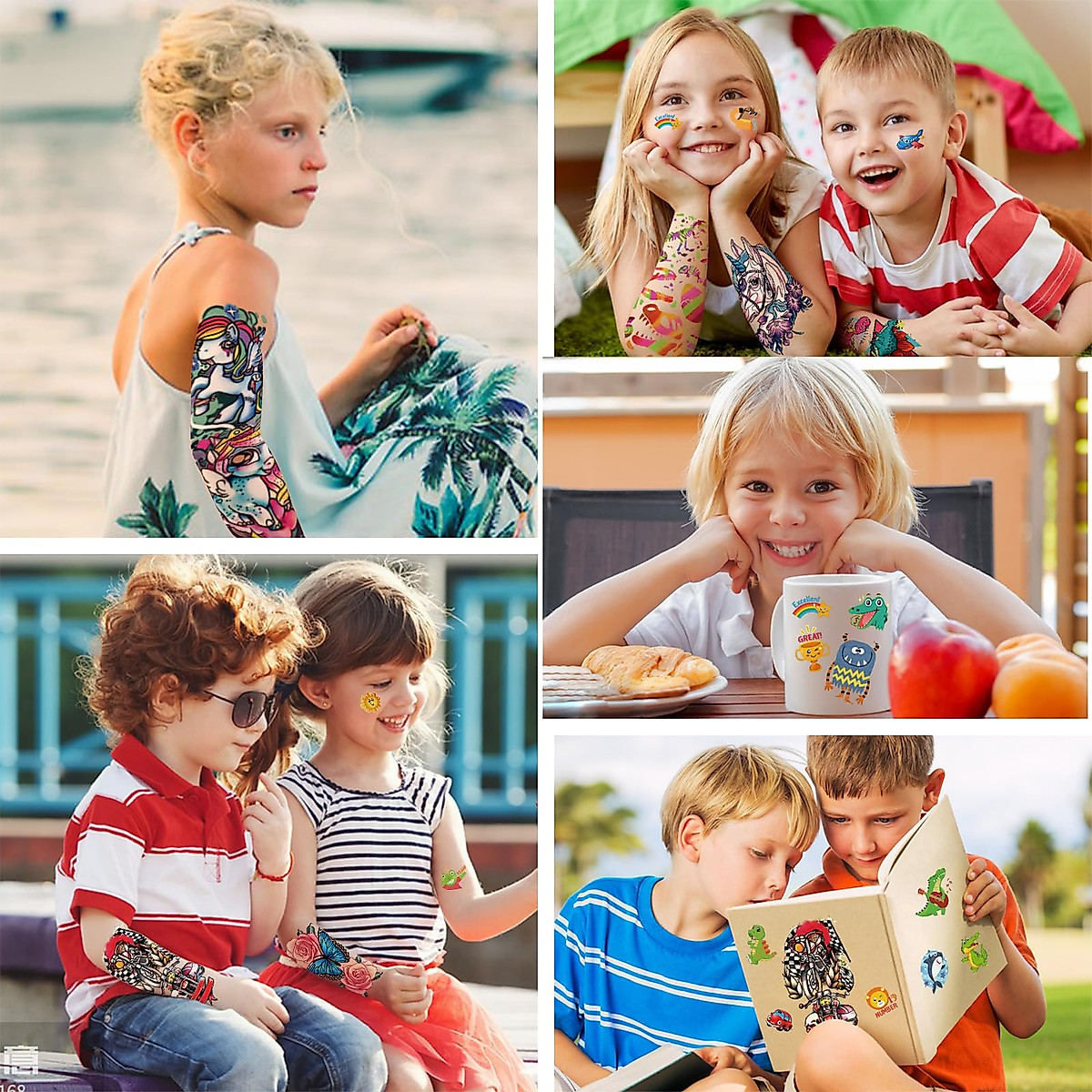 SOOVSY Temporary Tattoo for Kids, 80 Styles Fake Tattoos, Full Arm Half Arm Sleeve Stickers with Cute Unicorn Dinosaur Owl Truck Skull for Boys Girls Birthday Party Supplies Party Favor (52 Sheets)