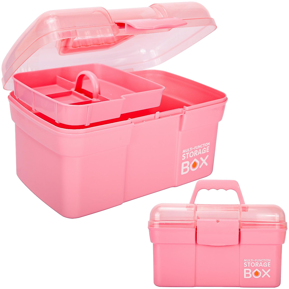 TERGOO 11in Mutipurpose Storage Box Organizer with Removable Tray, Portable Small Craft Box with Handle, Plastic Clear Tool Box Art Case for Makeup, Sewing, Nail, Hair Accessories (Pink)