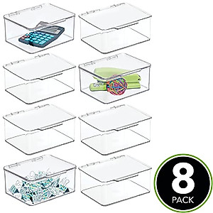 mDesign Small Plastic Home Office Storage Organizer Box Containers w/Hinged Lid for Desktops - Holds Pens, Pencils, Sticky Notes, Highlighters, Staples, Supplies - Lumiere Collection, 8 Pack - Clear