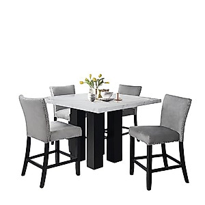 GTU Furniture 5Pc Counter Height Square Dining Table with White Faux Marble Top and 4 Upholstered Grey Chairs Dining Room Set