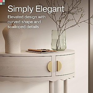 Scalloped Skirt Half Moon Console Table - Small Entry Table with Storage for Narrow Spaces - Modern Home Decor - Living Room Furniture - Solid Wood Entryway Table with Two Doors (Whitewash Oak)