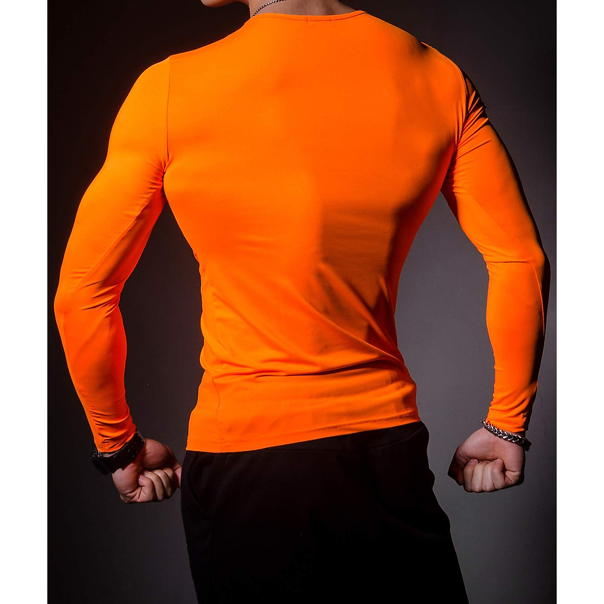 Red Plume Men's Cool Dry Fit Long Sleeve Compression Shirts, Active Sports Athletic Workout Shirt, Sports Base Layer T-Shirt (ORANGE, Medium)