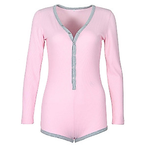 Roselux Women's Sexy Deep V Neck Shorts Long Sleeve Knitted One Piece Bodysuit Bodycon Rompers Overall (598#Pink-2,M)