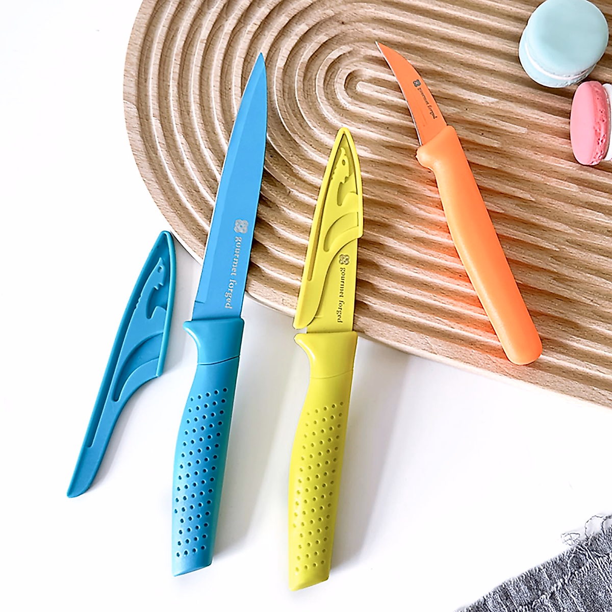 Gourmet Forged ColorSlice 3 PC Color-Coded Paring Knife Set. 5" Fruit Knife, 3.5" Paring, 3" Bird Beak Hook Peeler Curved Non Stick Dishwasher Safe Knives Sharp Stainless Steel Anti Rust