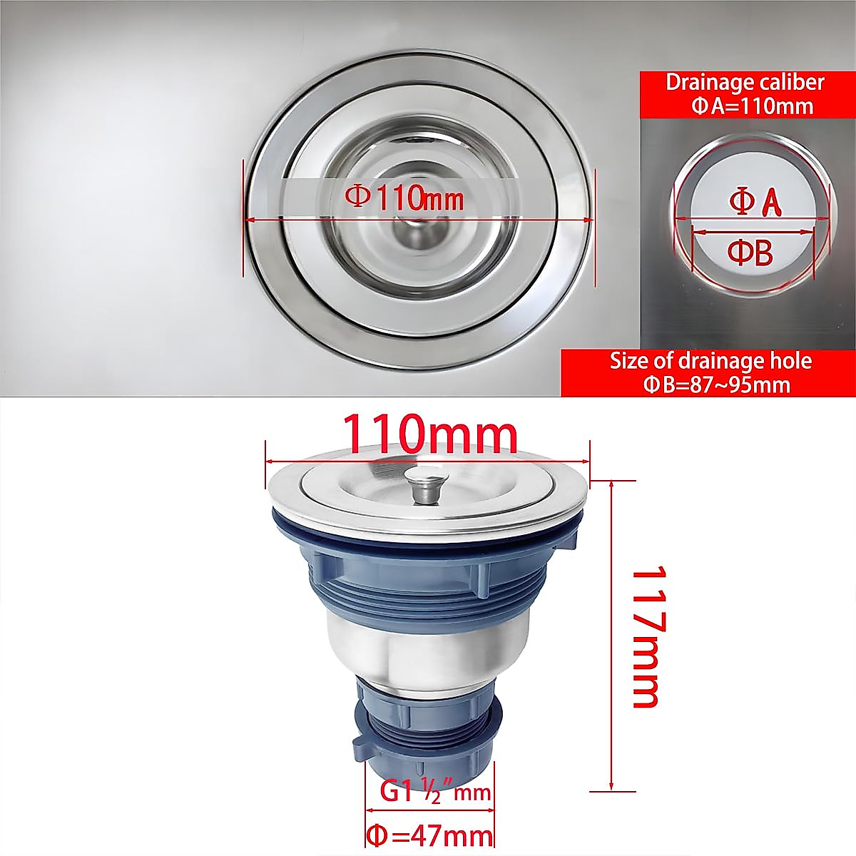 Qrity Kitchen Sink Drain Assembly Kit 110mm, Stainless Steel Sink Basket Strainer, Removable Waste Basket/Sealed Lid