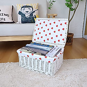 KINGWILLOW Rectangular Storage Basket, Wicker Storage Bin with Lid for Clothes Books Sundries (Strawberry Pattern Lining, Large)