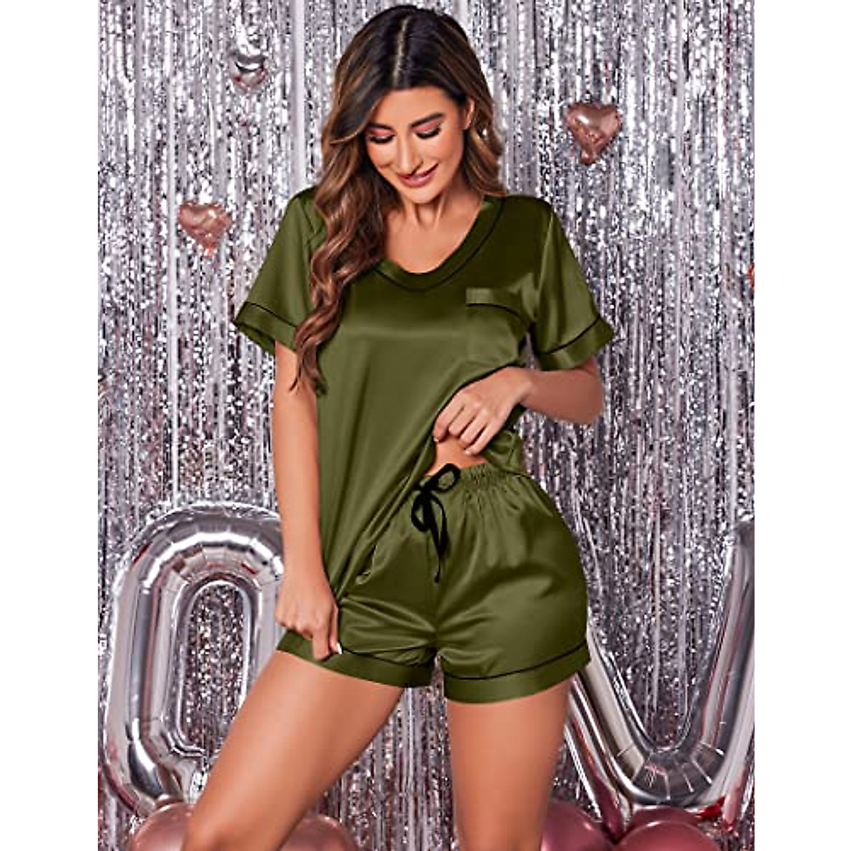 Ekouaer Women Satin Sleepwear Slip 2 Piece Pajamas Silk Pjs Short Sleeve Top and Loose Shorts Outfits Set Army Green XL