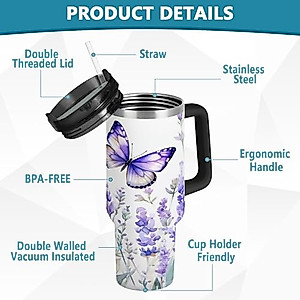 FRCSDIY Lavender Insulated Tumbler with Handle and Straw Lid,40oz Leakproof Stainless Steel Cup BPA-Free Water Bottle