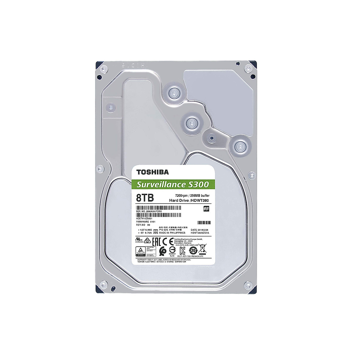 Toshiba S300 8TB Surveillance 3.5” Internal Hard Drive – CMR SATA 6 Gb/s 7200 RPM 256MB Cache - HDWT380UZSVAR