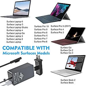 Charger for Microsoft Surface Laptop 6 5 4 go Studio 3 2 1, Surface Pro 10 9 8 X 7 6 5 4 3, Surface Go 3 2 1, Surface Book 2 1, 65W Power Adapter with Travel case and 11.2FT Cord