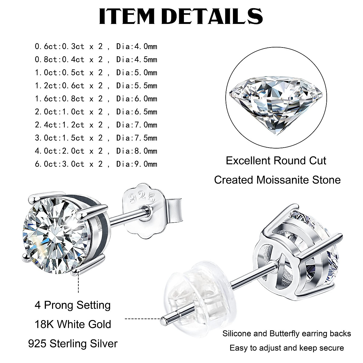Jewenova Moissanite Stud Earrings, 0.6ct-3ct D Color VVS1 Clarity, Brilliant Round Cut Lab Created Diamond Earrings, 18K White Gold Plated S925 Sterling Silver Moissanite Earrings