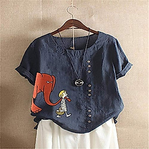 Bravetoshop Women's Short Sleeve Cotton Linen Shirt Floral Graphic Tops Casual Summer T-Shirt Comfy Plus Size Blouse (G-Black,XL)