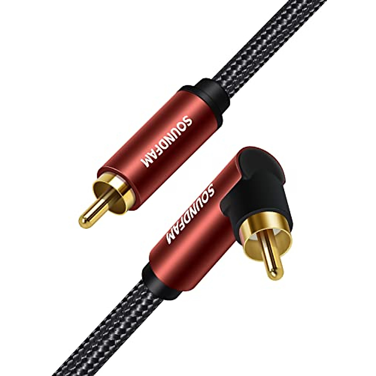 SOUNDFAM 90 Degree RCA Cable 10ft/3M Right Angle Subwoofer Cable S/PDIF Digital Coaxial Audio Cable - [24K Gold-Plating, Dual Shielded] - Wine Red