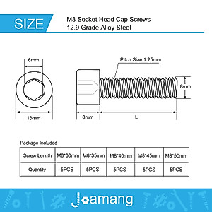 Joamang M8 x 30mm 35mm 40mm 45mm 50mm Hex Socket Head Cap Screws Bolts, 12.9 Grade Alloy Steel, Black Oxide Finish, Metric Allen Hex Drive, Fully Threaded, Assortment Kit 25Pcs