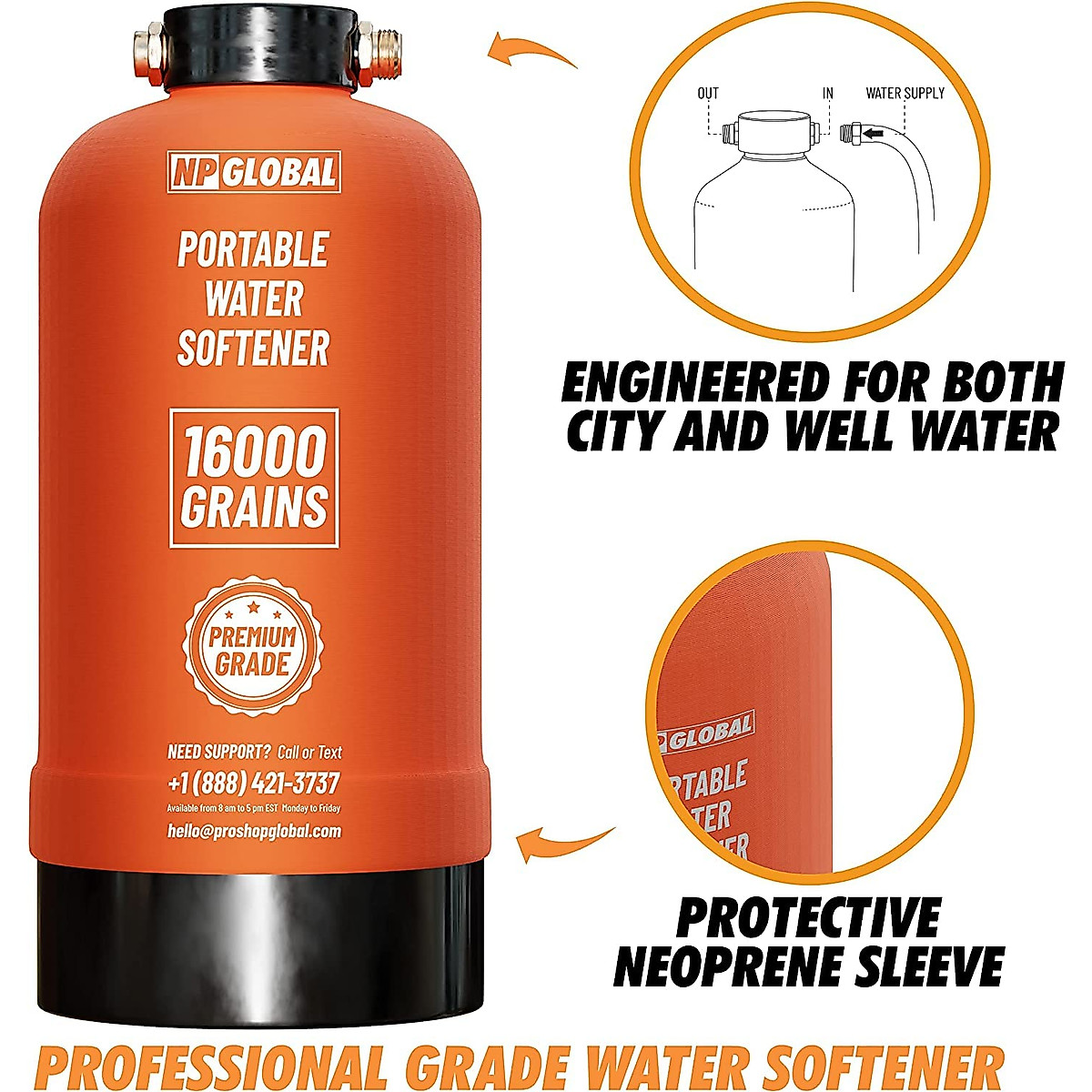 NPGLOBAL RV Water Softener Portable - 16,000 Grain, 3/4" GHT Fittings, Convenient Water Softener for RVs, Trailers, Boats, Mobile Car Washing, Pressure Washing