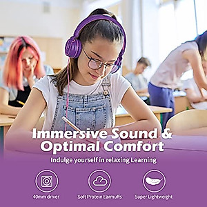 AILIHEN I35 Kids Headphones Wired with Microphone Volume Limited 93dB Children Girls Boys Teen Lightweight Foldable Headset for School Online Course Chromebook Cellphones Tablets (Pink Purple)