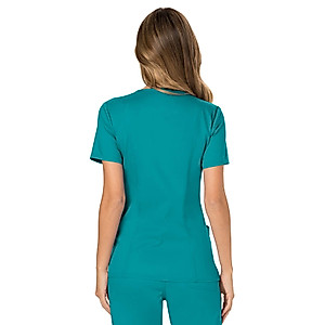 Cherokee Scrubs for Women Mock Wrap Top with 3 Pocket, Back Princess Seams WW610, L, Teal Blue