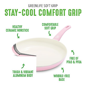 GreenLife Soft Grip Healthy Ceramic Nonstick, 16 Piece Cookware Pots and Pans Set, PFAS-Free, Dishwasher Safe, Soft Pink