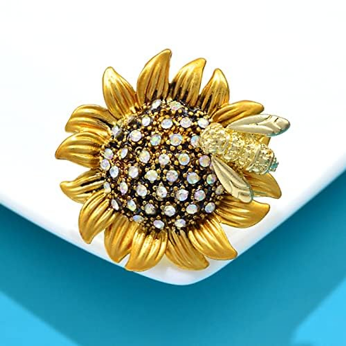 Sunflower Bee Brooch Pin Vintage Gold Yellow Elegant Rhinestone Pin Ladies Multipurpose Brooch Necklace Brooch Coat Hat Sweater Accessories