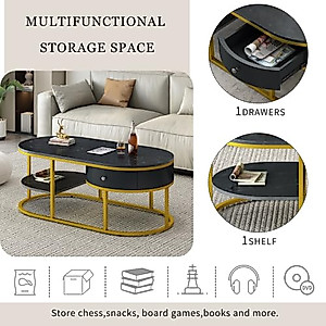 Wekity Modern Marble Golden Coffee Table, Metal Frame with Drawers & Shelves Storage for Living Room (Black)