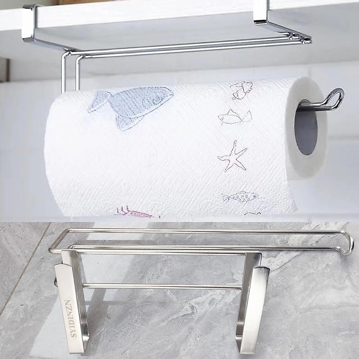 Paper Towel Hanger Holder Stainless Steel Kitchen Roll Paper Towel Holder Tissue Hanger Organizer Rack for Kitchen Under Cabinet Over Door (Paper Towel Holder)