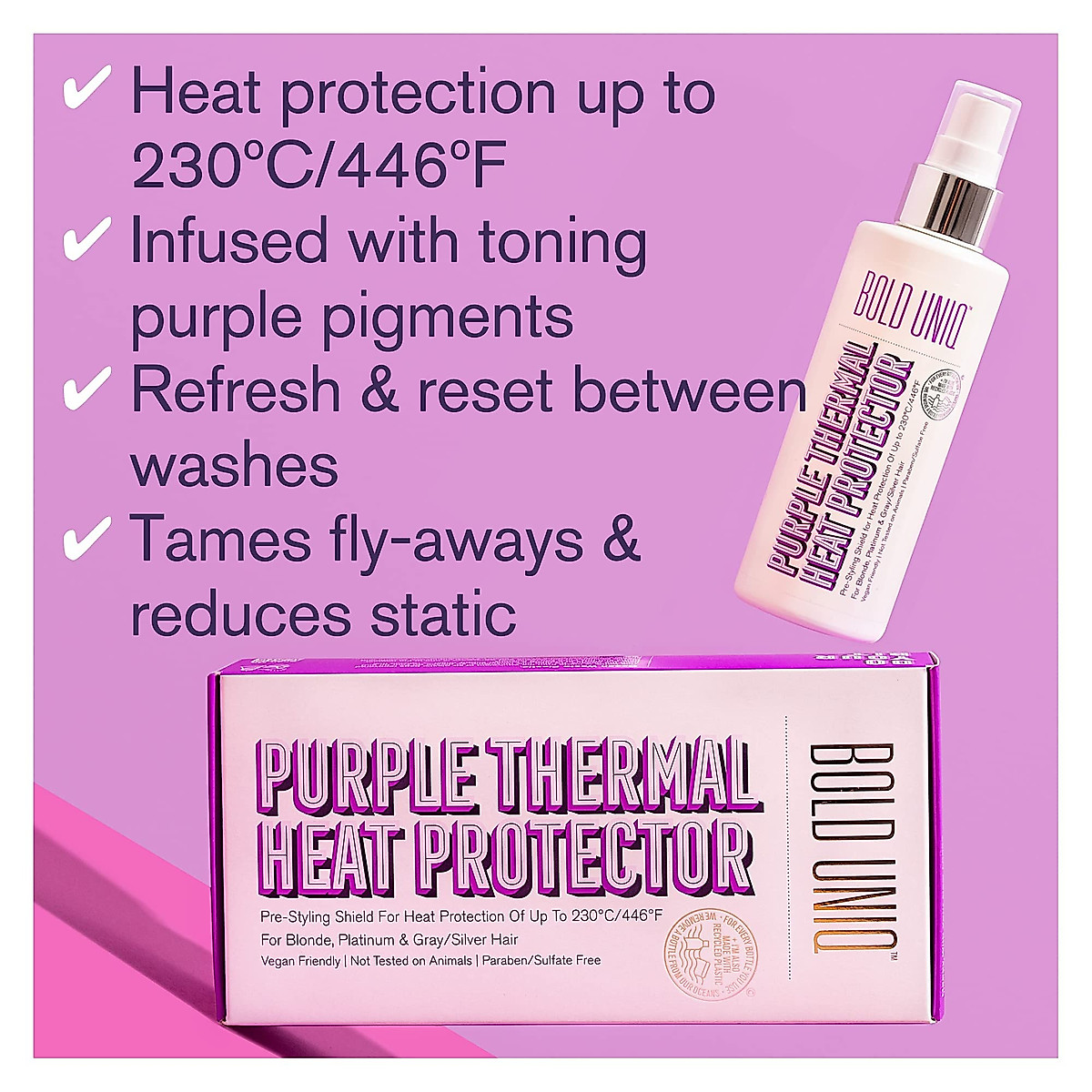 Bold Uniq Purple Shampoo, Conditioner & Purple Heat Protectant Spray Bundle. Eliminate Brassy Yellow tones. Thermal Shield Protection. Paraben & Sulfate Free. Vegan & Cruelty Free.