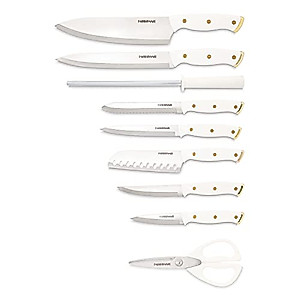Farberware 15-Piece Triple Riveted Knife Block Set, High Carbon-Stainless Steel Kitchen Knives, Razor-Sharp Knife Set with Wood Block, White and Gold