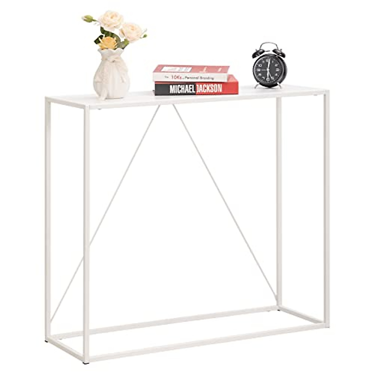 PEETEEPOE Accent Metal Console Table, 35.43"(L) Modern Entryway Table, Narrow&Long Sofa/Couch End Side Table, Freestanding Entrance Display Table for Entryway, Hallway, Living Room, Office, White