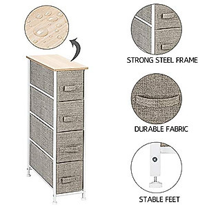 QJing Narrow Dresser, Vertical Storage Unit With 4 Fabric Drawers, Metal Frame, Slim Storage Tower, 7.9” Width, For Living Room, Kitchen, Small Space, Gap (Linen)