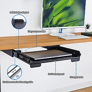 GOME Under Desk Laptop Pull Out Drawer Mount Metal Bracket with Solid Wood Tray, Desktop Extension for Home Office Sit-Stand Workstation