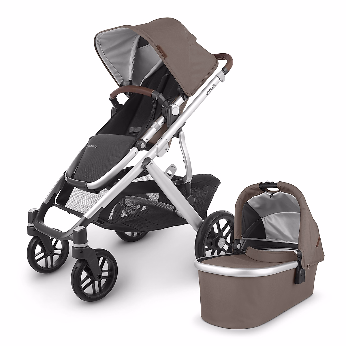UPPAbaby Vista V2 Stroller/Convertible Single-to-Double System/Bassinet, Toddler Seat, Bug Shield, Rain Shield, and Storage Bag Included/Theo (Dark Taupe/Silver Frame/Chestnut Leather)