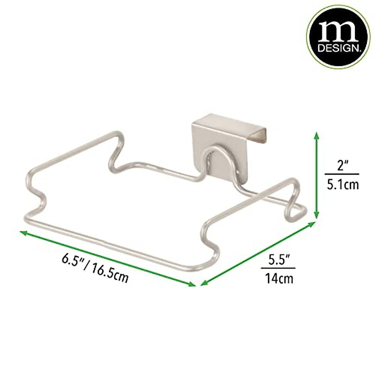 mDesign Over the Cabinet Metal Wire Small Garbage Container, Trash Bag Holder Rack for Recycled Reusable Disposable Plastic Shopping Grocery Bags for Kitchen, Pantry, Garage, Bathroom - Satin