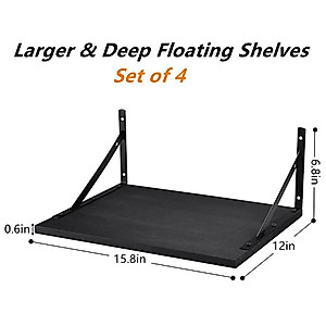 Deep Floating Shelves for Wall 4 Sets, 12 Inch Deep Floating Shelves Black, Wide Floating Shelves Wood Wall Mounted, Large Floating Wall Shelves for Bathroom, Bedroom, Kitchen, Living Room, Office